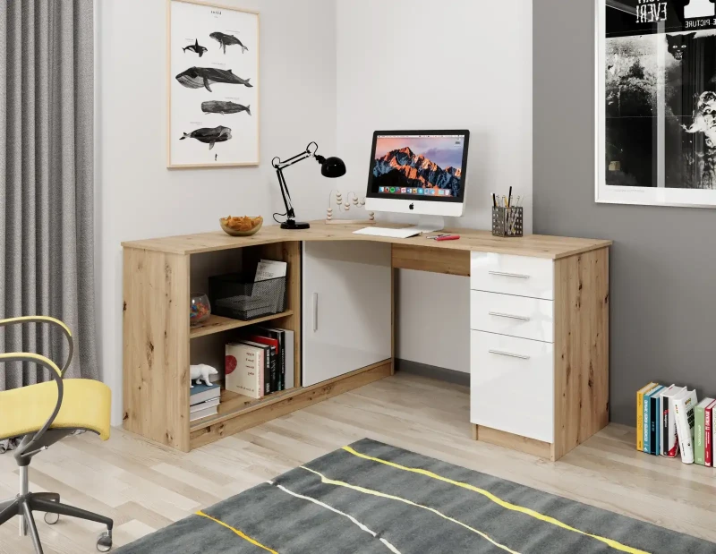 Biurko narożne Robert 150 cm prawe z szufladami dąb artisan/biały ...